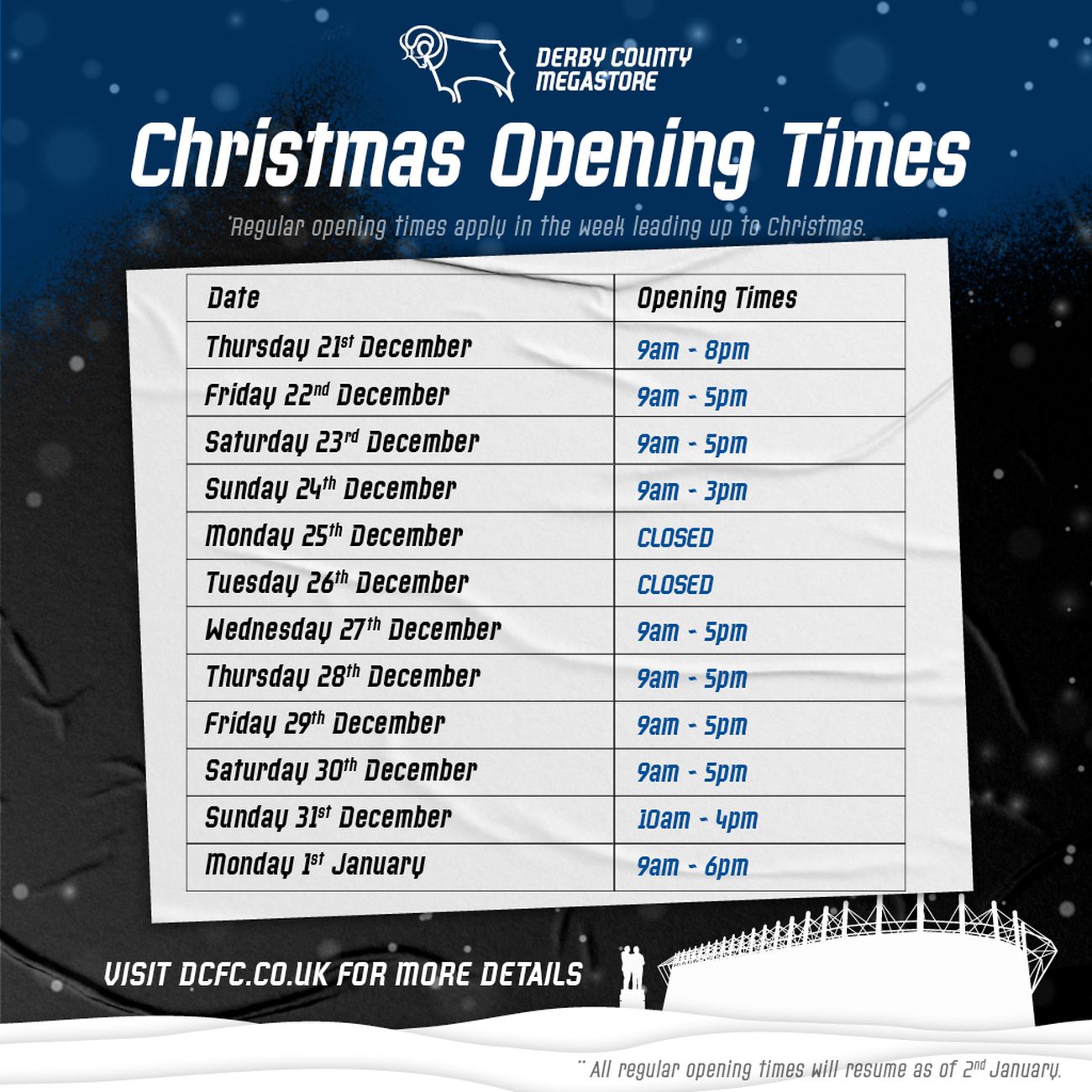 Ticket Office + DCFCMegastore Opening Hours For Christmas 2023 - Blog ...